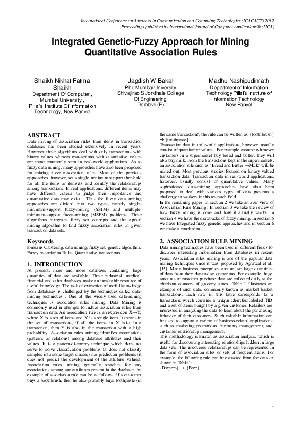 Pdf Integrated Genetic Fuzzy Approach For Mining Quantitative Association Rules J Bakal