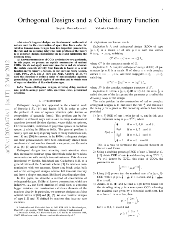 (PDF) Orthogonal Designs and a Cubic Binary Function