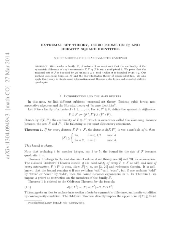 (PDF) Extremal set theory, cubic forms on $\ mathbb {F} _2^ n $ and ...