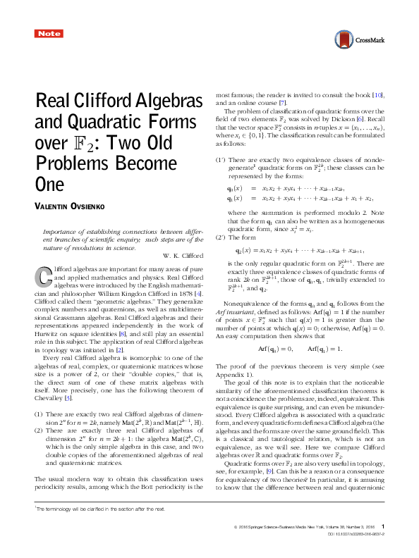 Pdf Real Clifford Algebras And Quadratic Forms Over Mathbb F 2 F 2 Two Old Problems