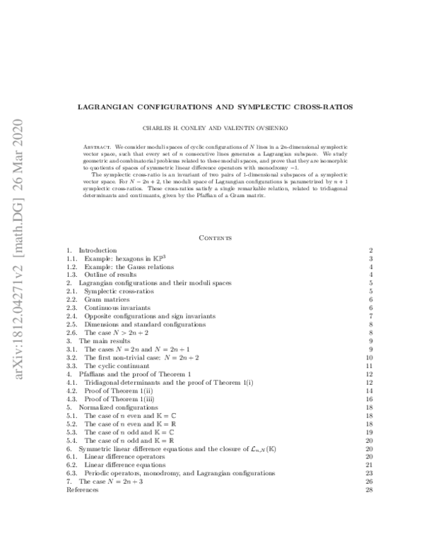 (PDF) Lagrangian configurations and symplectic cross-ratios