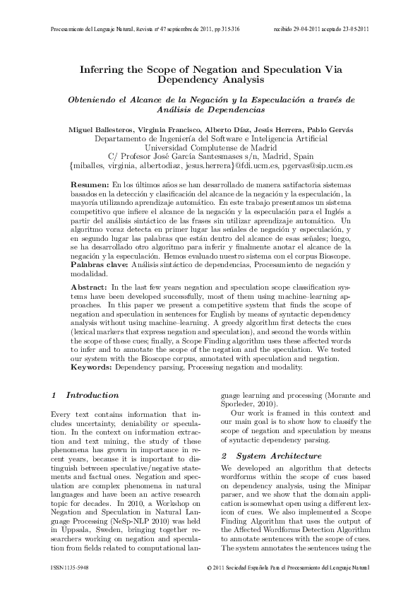Pdf Inferring The Scope Of Negation And Speculation Via Dependency Analysis