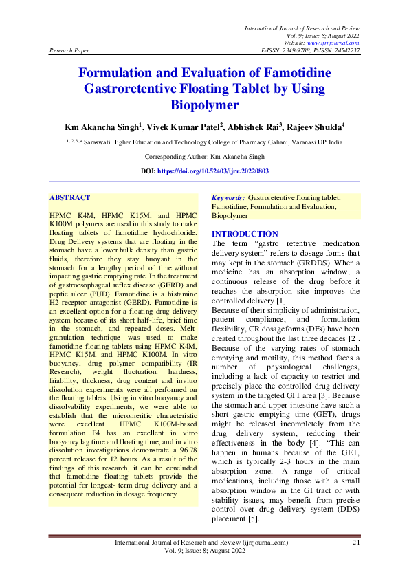 (PDF) Formulation and Evaluation of Famotidine Gastroretentive Floating Tablet by Using Biopolymer