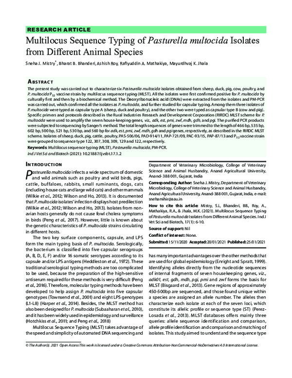 (PDF) Multilocus Sequence Typing of Pasturella multocida Isolates from ...