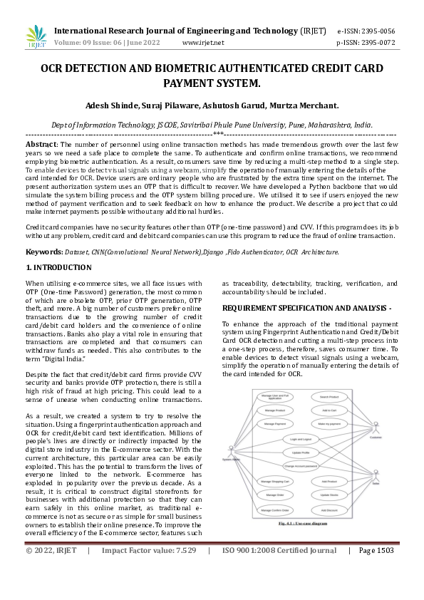 (PDF) OCR DETECTION AND BIOMETRIC AUTHENTICATED CREDIT CARD PAYMENT SYSTEM