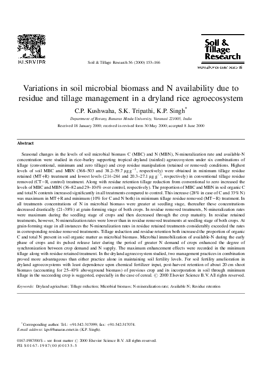 (PDF) Variations in soil microbial biomass and N availability due to residue and tillage ...