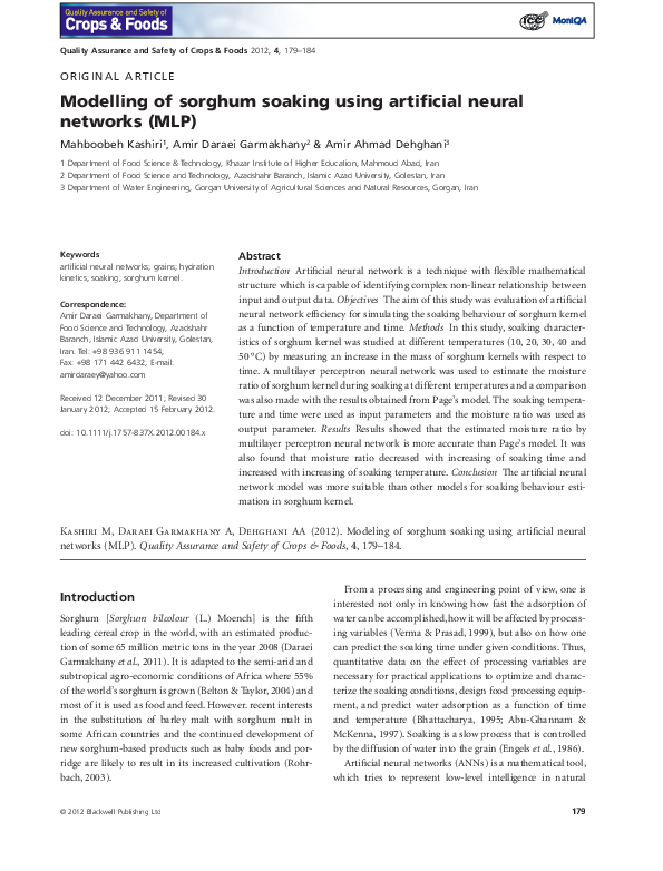 (PDF) Modelling of sorghum soaking using artificial neural networks (MLP)