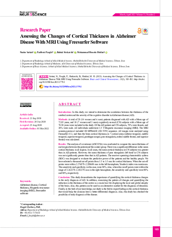 (PDF) Assessing the Changes of Cortical Thickness in Alzheimer Disease ...