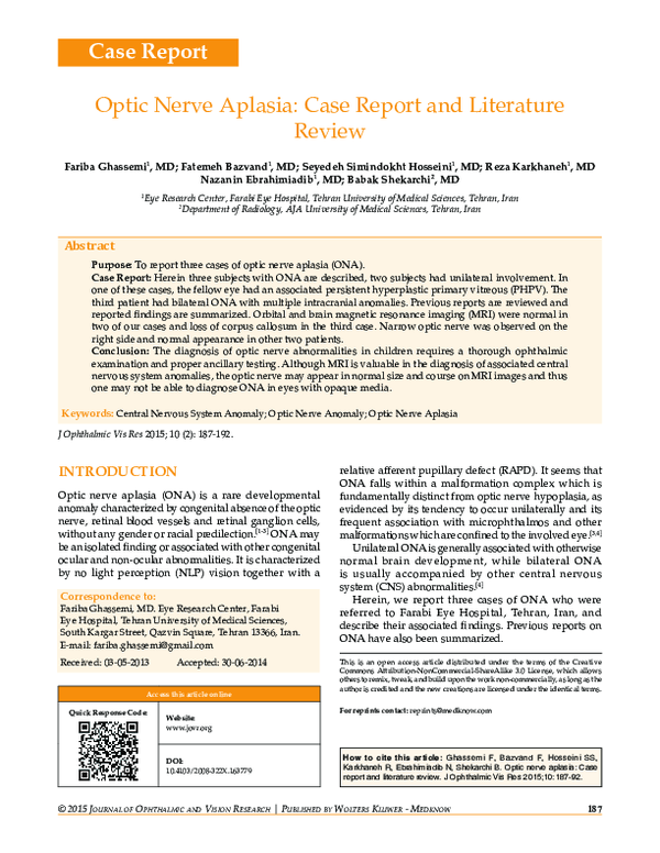 (PDF) Optic nerve aplasia: A case report and literature review