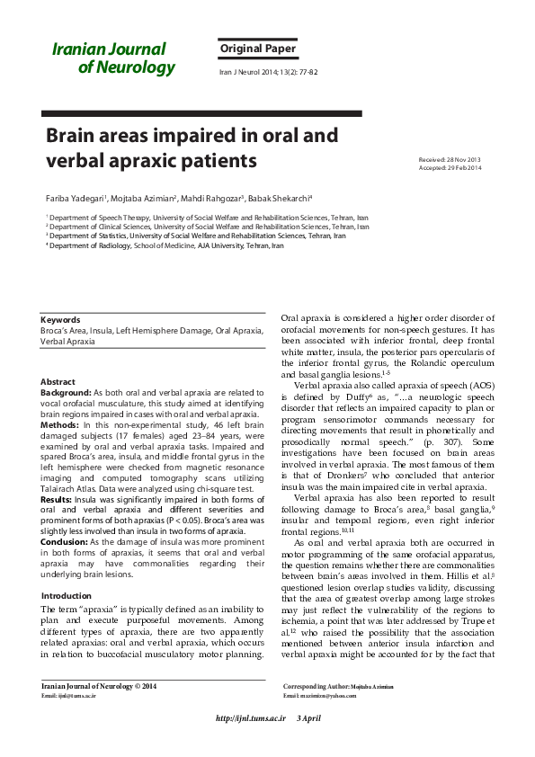 (PDF) Brain areas impaired in oral and verbal apraxic patients
