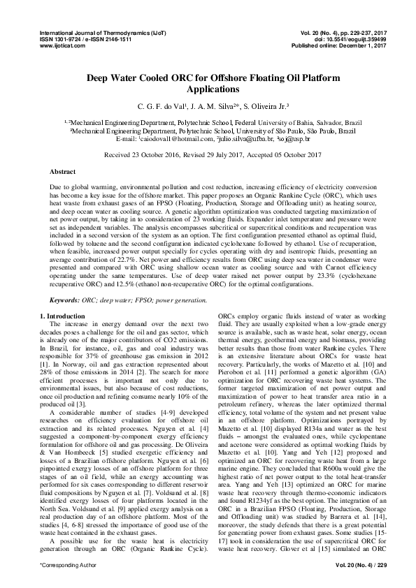 (PDF) Deep Water Cooled ORC for Offshore Floating Oil Platform Applications