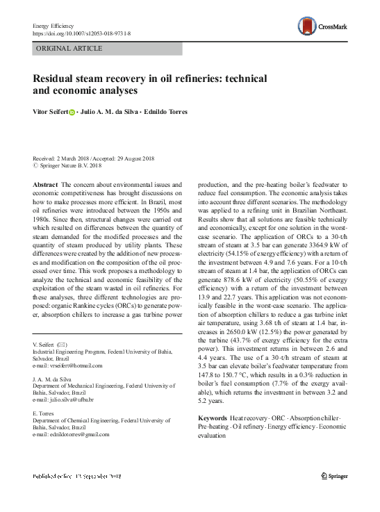 (PDF) Residual steam recovery in oil refineries: technical and economic analyses