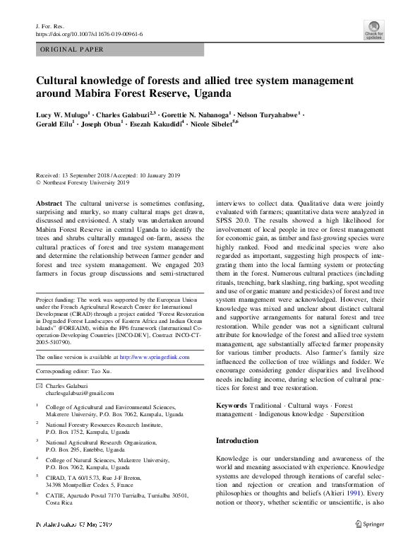 (PDF) Cultural knowledge of forests and allied tree system management around Mabira Forest ...