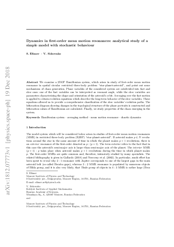 (PDF) Dynamics in first-order mean motion resonances: analytical study of a simple model with ...