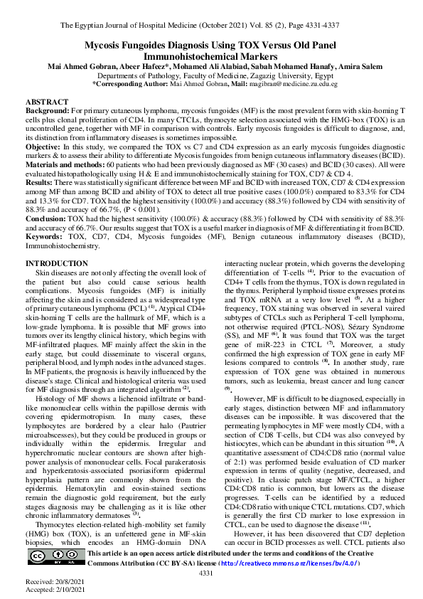 (PDF) Mycosis Fungoides Diagnosis Using TOX Versus Old Panel Immunohistochemical Markers ...