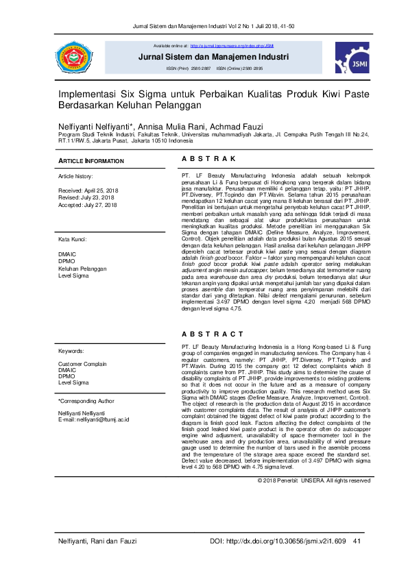(PDF) Implementasi Six Sigma untuk Perbaikan Kualitas Produk Kiwi Paste Berdasarkan Keluhan ...