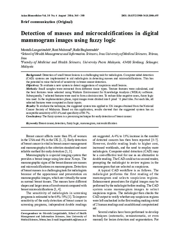 (PDF) Detection of masses and microcalcifications in digital mammogram images using fuzzy logic