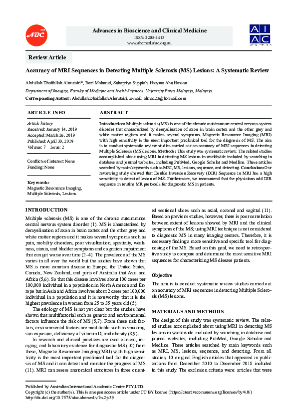 (PDF) Accuracy of MRI Sequences in Detecting Multiple Sclerosis (MS) Lesions: A Systematic Review