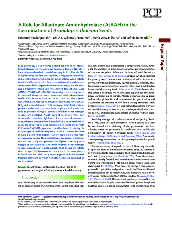 (PDF) A Role for Allantoate Amidohydrolase (AtAAH) in the Germination ...