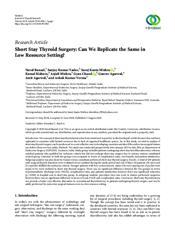 (PDF) Short Stay Thyroid Surgery: Can We Replicate the Same in Low ...