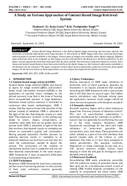 (PDF) A Study on Various Approaches of Content-Based Image Retrieval System