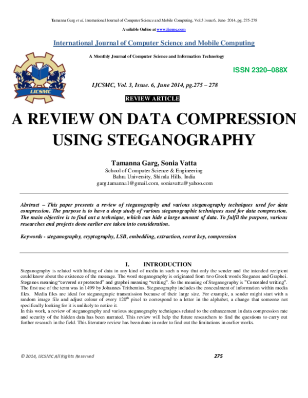 (PDF) A Review on Data Compression Using Steganography