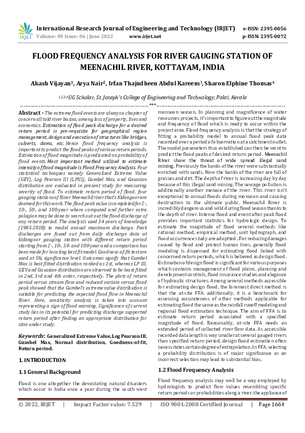 (PDF) FLOOD FREQUENCY ANALYSIS FOR RIVER GAUGING STATION OF MEENACHIL RIVER, KOTTAYAM, INDIA