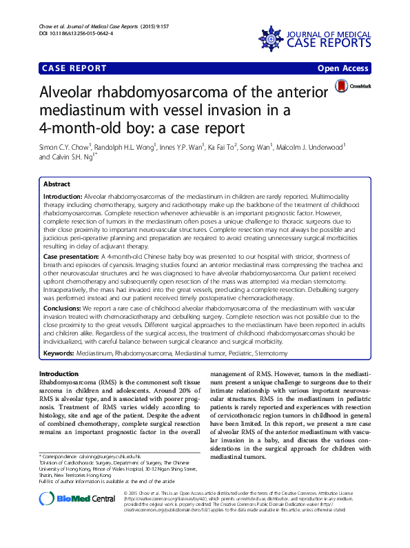 Alveolar rhabdomyosarcoma of the anterior mediastinum with vessel ...