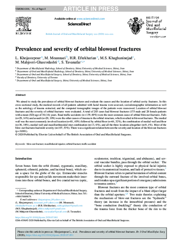 Pdf Prevalence And Severity Of Orbital Blowout Fractures Hamid Reza Eftekharian