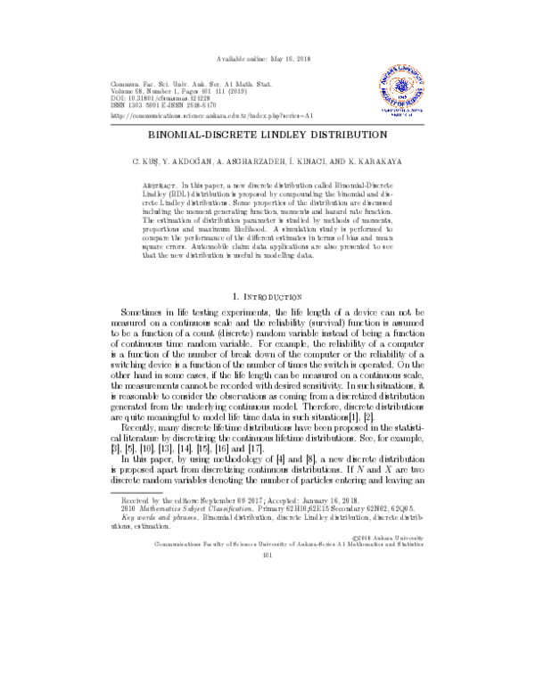 Pdf Binomial Discrete Lindley Distribution