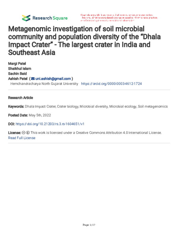 (PDF) Metagenomic investigation of soil microbial community and population diversity of the ...