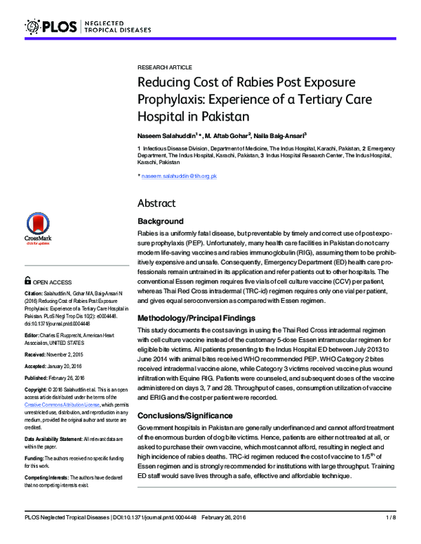 (PDF) Reducing Cost of Rabies Post Exposure Prophylaxis: Experience of ...
