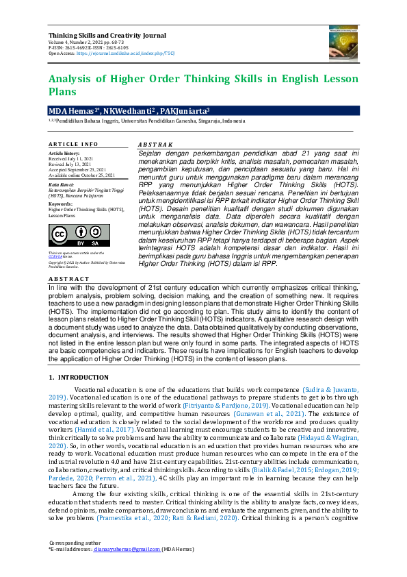(PDF) Analysis of Higher Order Thinking Skills in English Lesson Plans ...