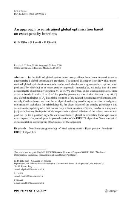 Pdf An Approach To Constrained Global Optimization Based On Exact Penalty Functions Gianni
