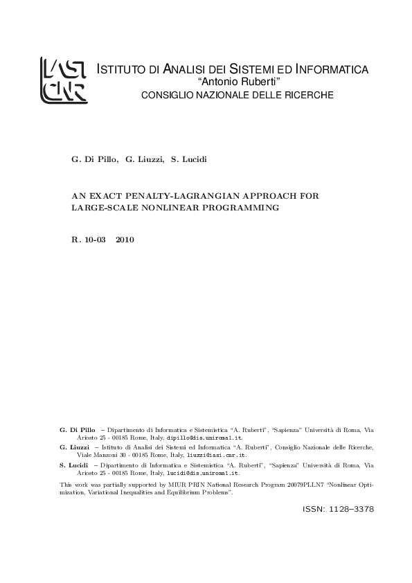 Pdf An Exact Penalty Lagrangian Approach For Large Scale Nonlinear Programming Gianni Di