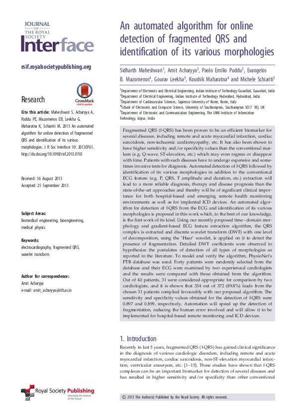 Pdf An Automated Algorithm For Online Detection Of Fragmented Qrs And Identification Of Its