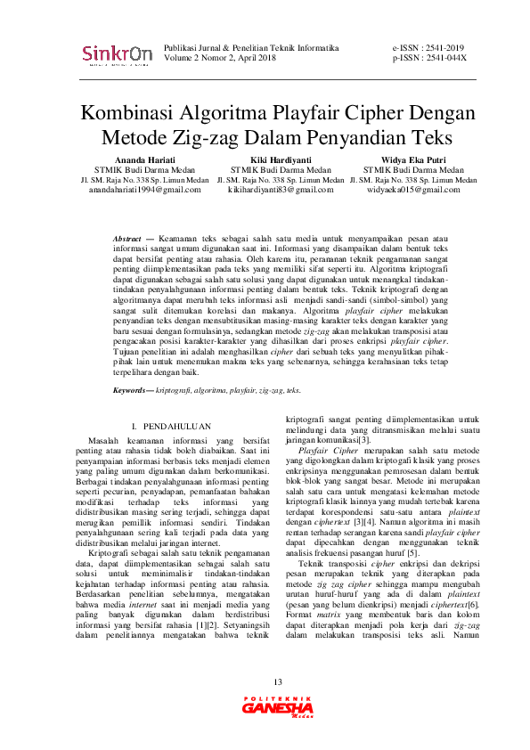 Pdf Kombinasi Algoritma Playfair Cipher Dengan Metode Zig Zag Dalam Penyandian Teks 
