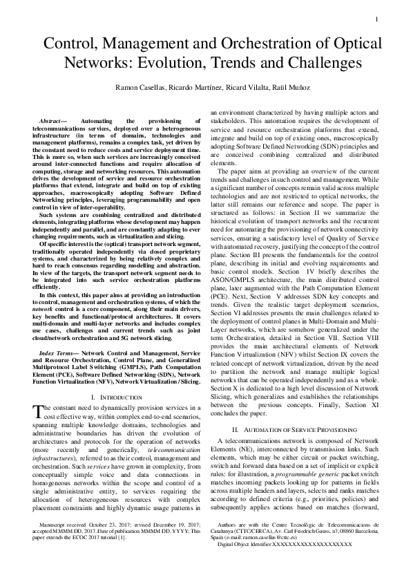 (PDF) Control, Management, and Orchestration of Optical Networks: Evolution, Trends, and Challenges