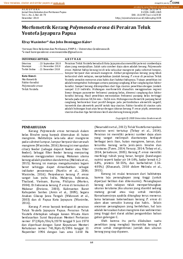 (PDF) Morfometrik Kerang Polymesoda erosa di Perairan Teluk Youtefa Jayapura Papua