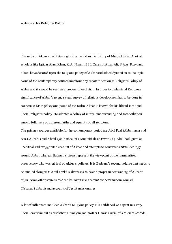 (PDF) Akbar and his Religious Policy