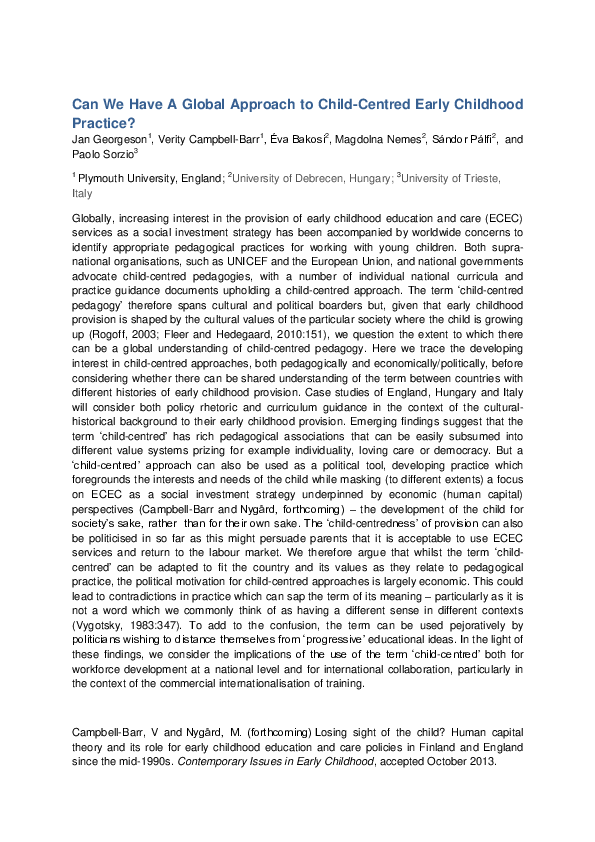 (PDF) Can we have an international approach to child-centred early ...