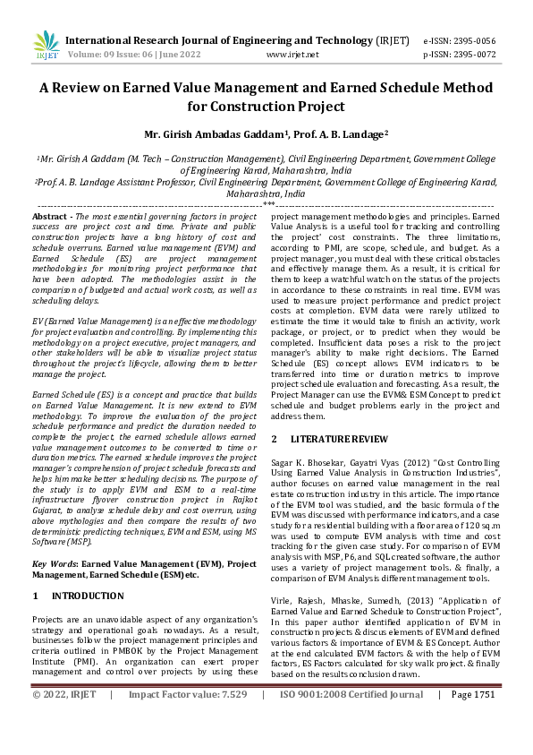 Pdf A Review On Earned Value Management And Earned Schedule Method For Construction Project
