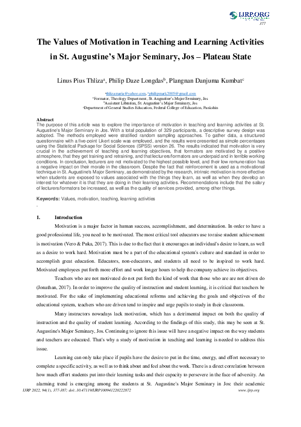 (PDF) The Values of Motivation in Teaching and Learning Activities in ...