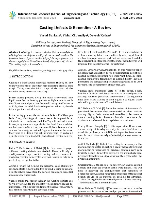 (PDF) Casting Defects & Remedies -A Review