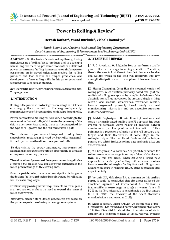(PDF) "Power in Rolling-A Review"