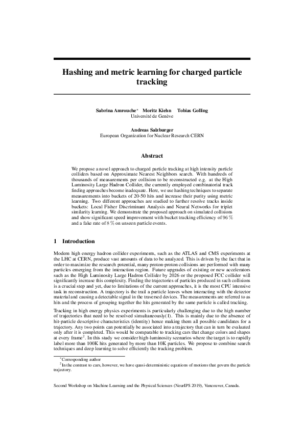(PDF) Hashing and metric learning for charged particle tracking