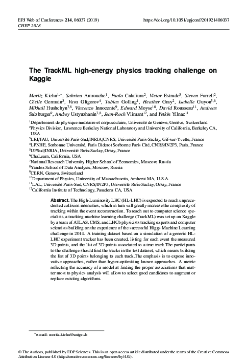 (PDF) The TrackML high-energy physics tracking challenge on Kaggle
