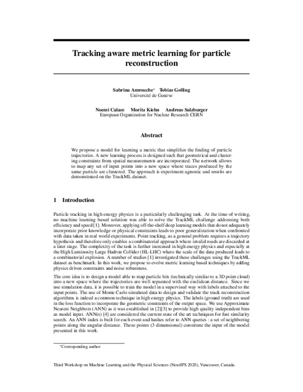 (PDF) Tracking aware metric learning for particle reconstruction