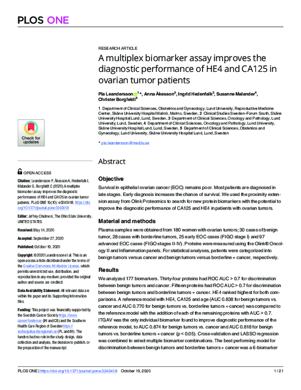 (PDF) A multiplex biomarker assay improves the diagnostic performance ...