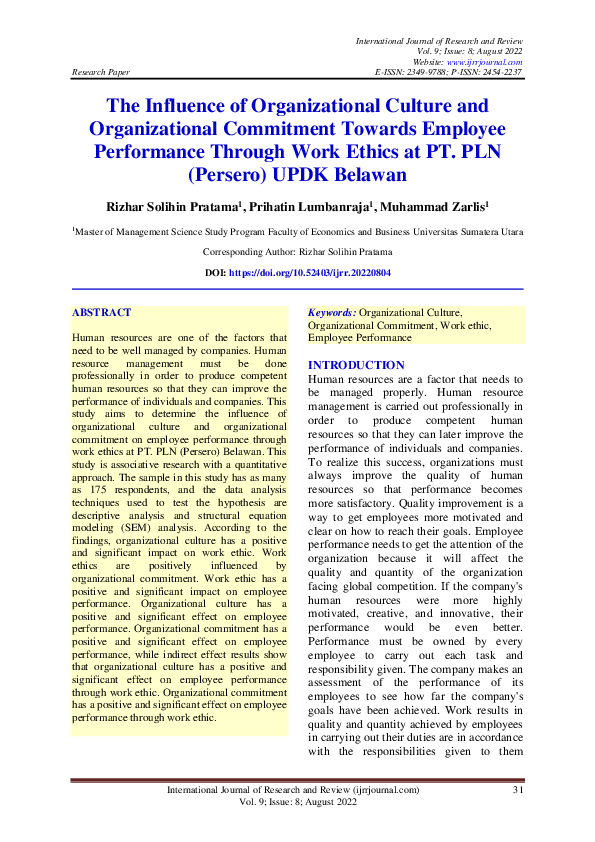 (PDF) The Influence of Organizational Culture and Organizational Commitment Towards Employee ...